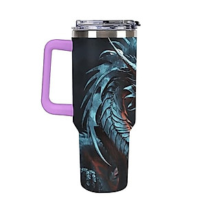 LLUTSNTH 40 Oz Vacuum Tumbler with Violet Handle Leakproof Insulated Tumbler Dragon Stainless Steel Travel Mug with Lid And Straw Coffee Cup Cute Water Bottles Cup Holder Friendly