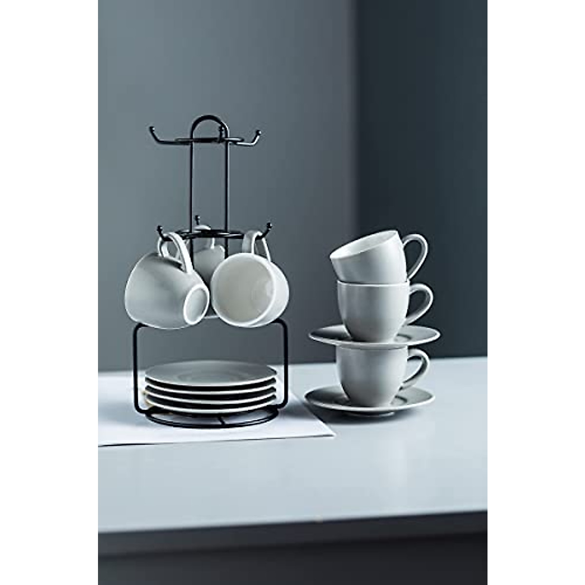 YHOSSEUN Porcelain Espresso Cups Set and Metal Stand 3 OZ Demitasse Cup For Coffee Shot, Mugs for Latte, Cafe Mocha, Cappuccino, and Tea, Serve for 6 Gray