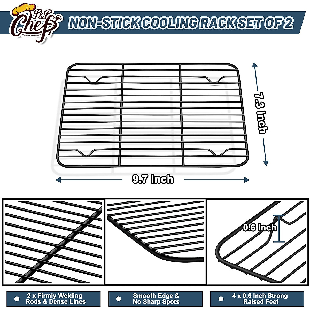 Cooling Rack Set of 2, P&P CHEF Non-stick Small Baking Racks for Cooking Grilling, 2 Pack 9.7” x 7.3” Drying Rack, Fit in Mini Toaster Oven, Stainless Steel Core & Dense Lines, Easy to Clean