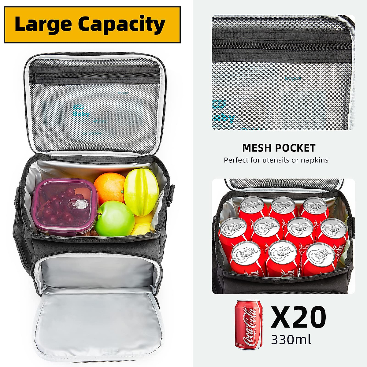 UMUFUKA Lunch Box for Men, Tactical Lunch Cooler Tote,Insulated Lunch Bag Adult, With Detachable MOLLE Water Bottle Pouch, Men Leakproof Lunch Bag for Work Picnic (Black)