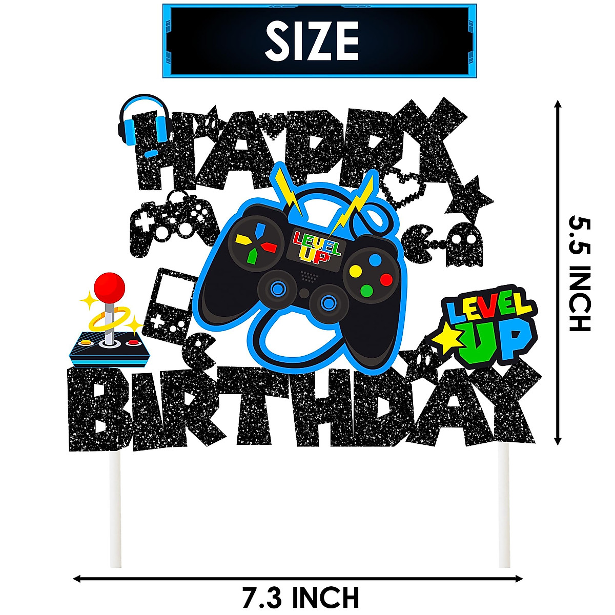 Video Game Happy Birthday Cake Topper Glitter Game Controller Cake Pick Decoration Gamer Birthday Cake Decorations for Video Game Controller Themed Kids Birthday Party Baby Shower Supplies (Black)