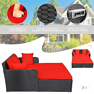 Salches, Outdoor Rattan Daybed, Patio Loveseat Sofa Set w/Comfortable Cushions, Extra Pillows & Metal Foot, Sunbed Wicker Furniture for Yard/Poolside/Living Room/Garden/Porch, Red