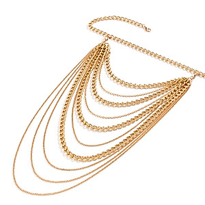 Summer Beach Punk Shoulder Body Chain Multi-Layered Back Chain Bikini Metal Tassel Arm Chain Statement Bridal Wedding Backdrop Necklace Body Chain Jewelry for Women