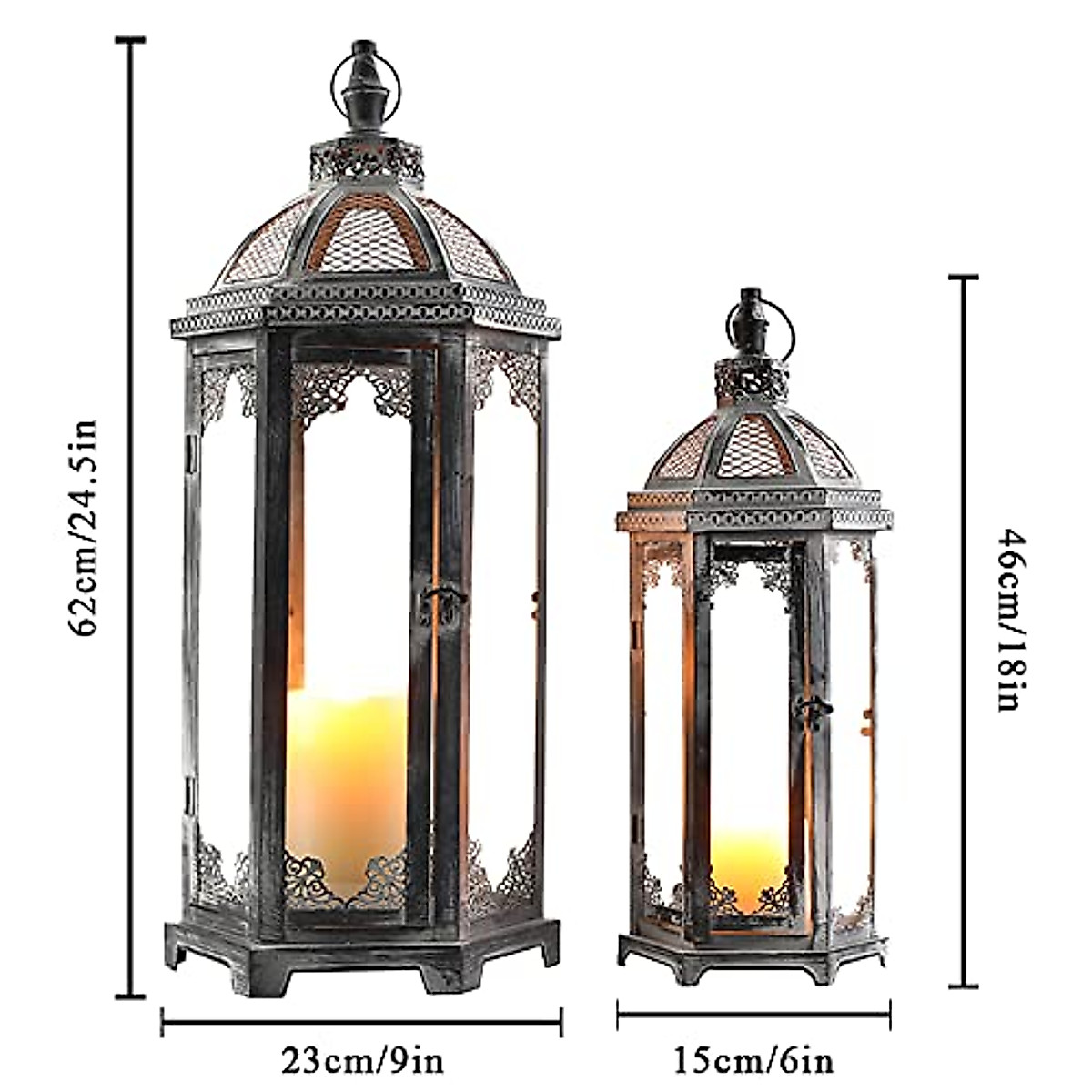 Set of 2 Outdoor Lantern 24.5"&18" High Decorative Candle Lanterns Metal Candle Holder with Tempered Glass Fall Decorations for Home Garden Patio Living Room Indoor Home Yard Hallway Doorway(Grey)