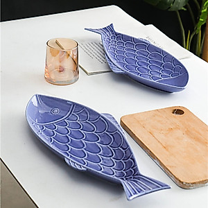 CHUANGRUN Fish Shaped Plate, 15 Inch Ceramic Fish Plate, Large Blue Serving Platter, Snack Storage Serving Platter, for Restaurants Home Kitchen Accessories