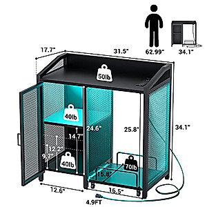 Unikito Modern Printer Stand with Sockets and LED Light, File Cabinet with Shredder Stand On Slide Wheel, Large Printer Cabinet with Adjustable Storage Shelves and Mesh Door for Home Office, Black