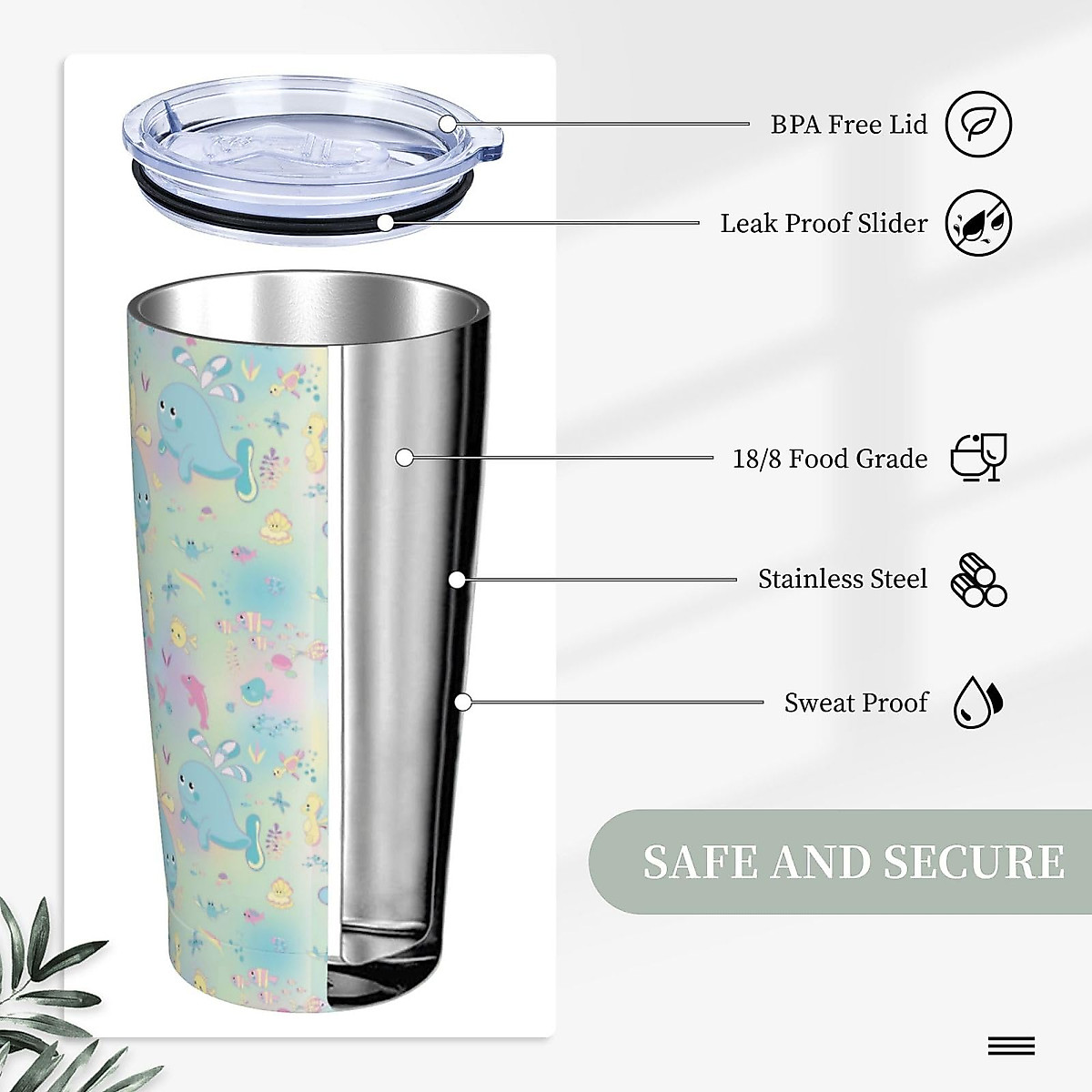 20oz Tumbler Cartoon Marine Animal Double Wall Vacuum Insulated Coffee Mug with Lid and Metal Straw Brush Reusable Stainless Steel Water Bottle Travel Cup Gifts for Car Ice Drinks Hot Beverage