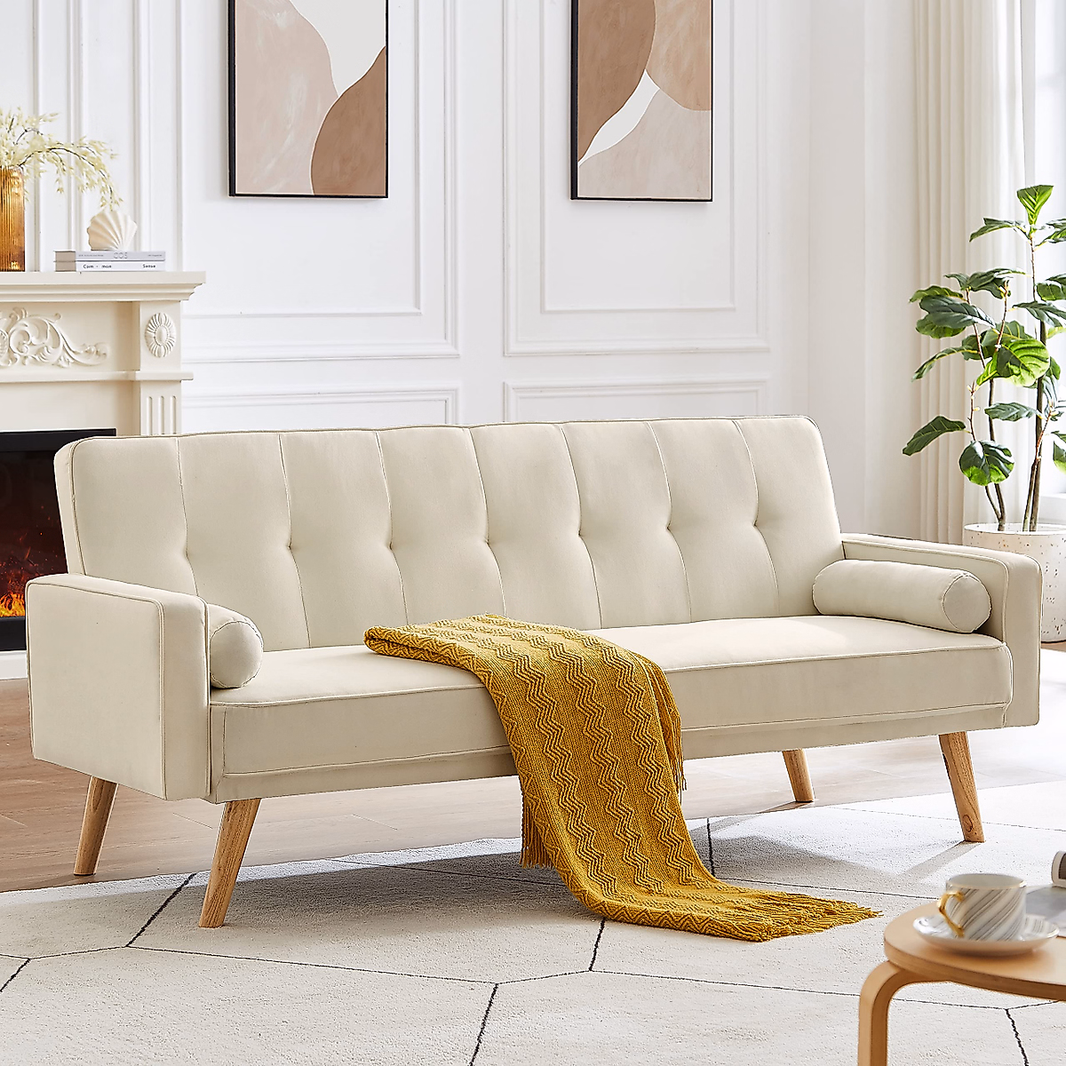 Mid-Century Convertible Futon Sofa Bed,Modern Linen Fabric Small Loveseat,Folding Sleeper Couch Bed with Armrests & 2 Pillows,Recliner Sofa with Solid wood Legs for Living Room Office (Beige)