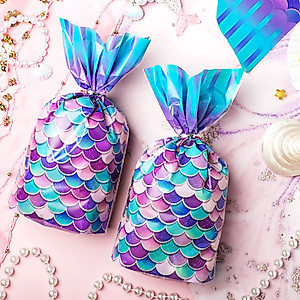 Frienda 100 Pcs Mermaid Party Favors Bags Goodie Candy Wide Bottom Cellophane Treat with Silver Twist Ties for Birthday Girls Supplies (Elegant Style)