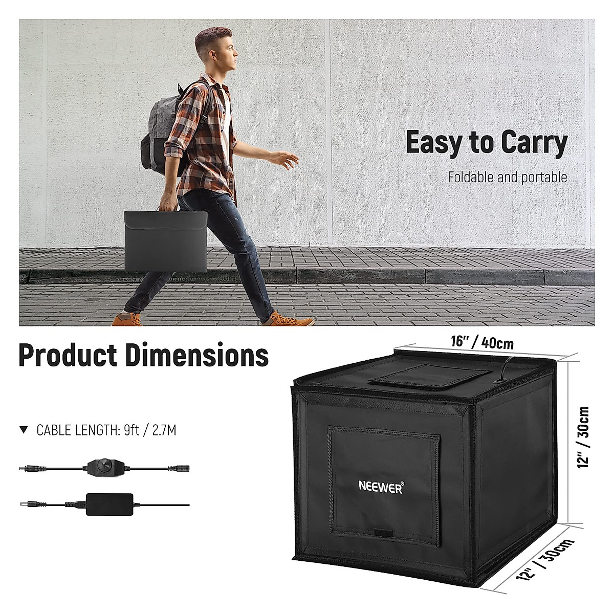 NEEWER Foldable Portable Photo Studio Light Box with Dimmable LED Lighting, 16 x 12 x 12 Inches 5600K CRI 95+, 4 Color Backdrops Photography Tent Kit for Jewelry Product