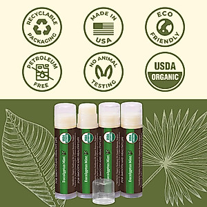 USDA Organic Lip Balm 4-Pack by Earth's Daughter- Eucalyptus Mint Flavor, Beeswax, Coconut Oil, Vitamin E - Best Lip Repair Chapstick for Dry Cracked Lips.