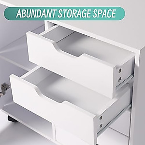 Rotihom 5 Drawer File Cabinet, Wood Mobile Lateral File Cabinet for Home Office Bedroom, 31 Inch Printer Stand with Storage on Wheels, Mobile Office Shelf with 2-Compartment Cabinet (White)