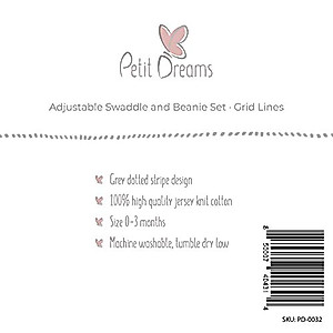 Petit Dreams Adjustable Swaddle and Beanie Set Jersey Knit Cotton for Baby Boy Or Baby Girl from 0-3 Months, Grey Dotted Stripes