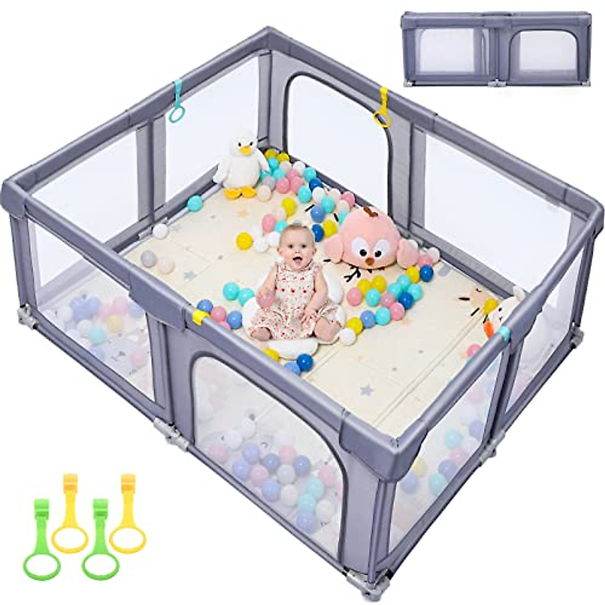 Foldable Baby Playpen, Ronipic Playpen for Babies and Toddlers, Adjustable Shape, Anti-Slip Base, 71"x59" Extra Large Baby Play Yards with Soft Breathable Mesh, Sturdy Baby Fence with Zipper Gate,Gray