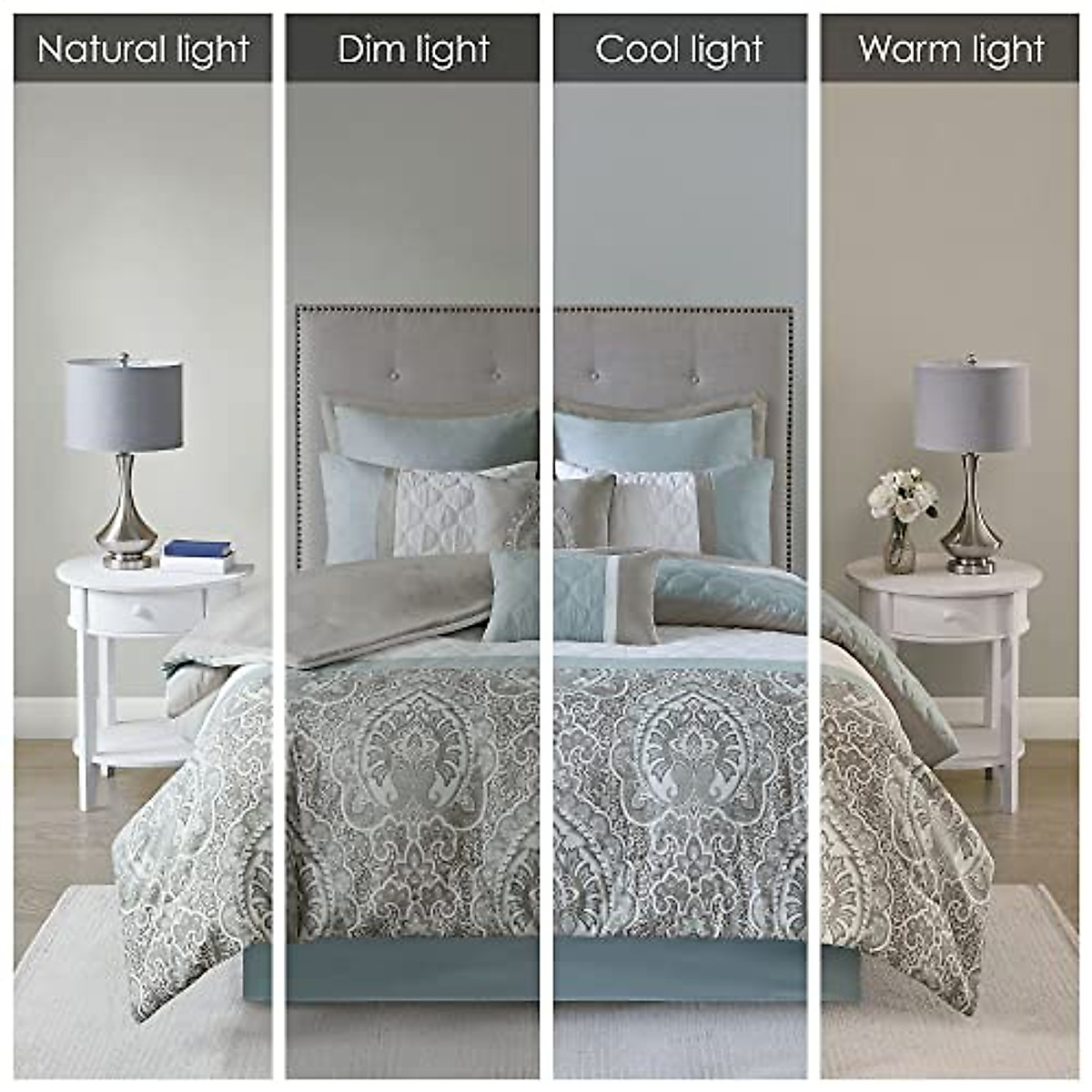 510 DESIGN Luxe Quilted Comforter Set Modern Transitional Design, All Season Down Alternative Warm Bedding Matching Shams, Bedskirt, Decorative Pillow, Queen, Shawnee Scrollwork Seafoam