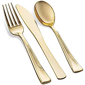 Munfix 600 Piece Gold Dinnerware Set - 100 Gold Rim 10 inch Plastic Plates 100 Gold Rim 7 Inch Plates -300 Gold Plastic Silverware - 100 Gold Plastic Cups - 100 Guest Disposable Gold Dinnerware Set
