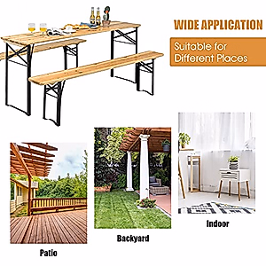 Rainfally 70” 3-Piece Portable Folding Picnic Table Bench Set, Portable Picnic Beer Table w/Wooden Tabletop, Outdoor Foldable Dining Table Set for Party, Picnic, Camping, Patio, Garden, Natural Brown
