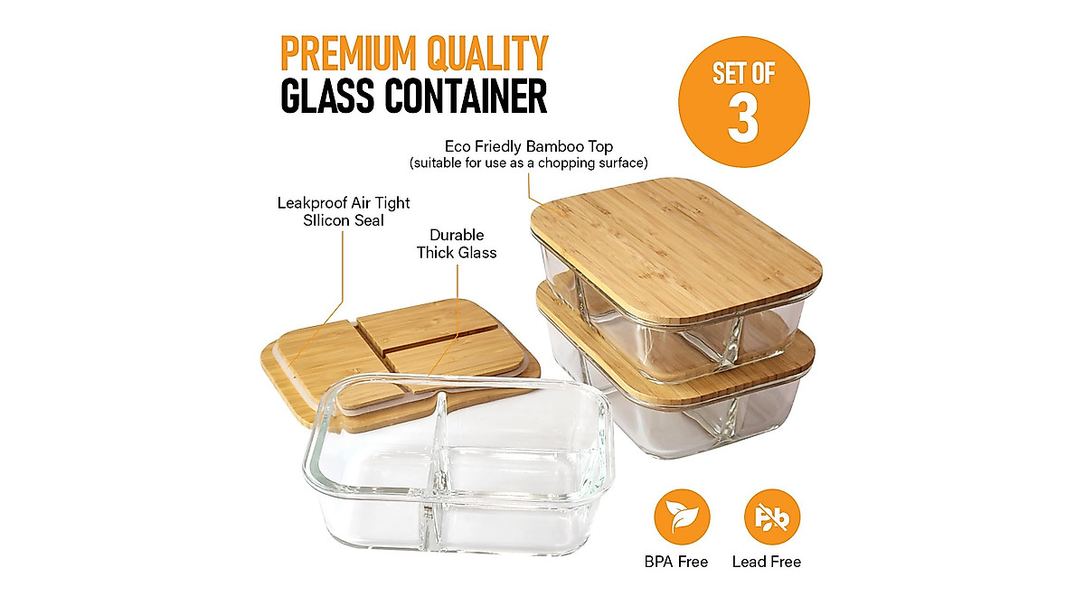 3-Compartment Glass Bento Box Set for Meal Prep
