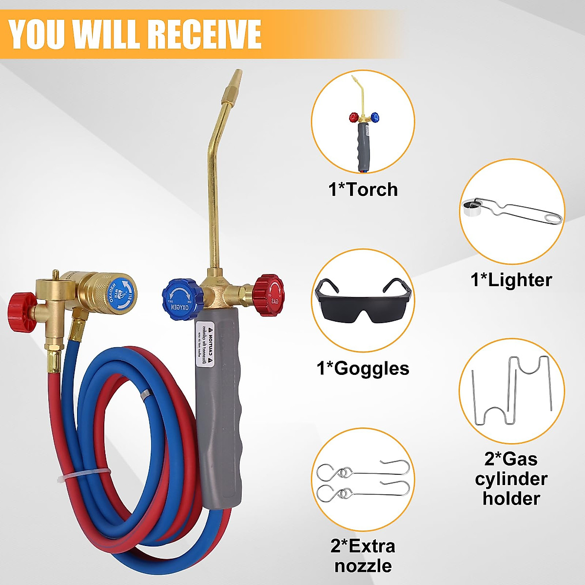 Brass Welding Torch Compatible with MAPP and Oxygen - Soldering, Welding, Heating, Plumbing Micro Mini Propane Torch with Brazing, Sparker, and Protection Glass