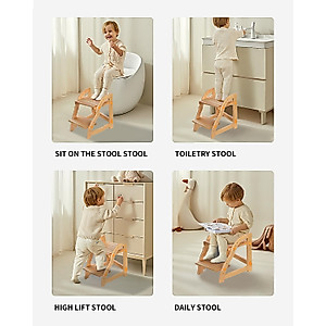 Wooden Step Stool for Kids, Kitchen Toddler Step Stool for Bathroom Sink and Toilet Stool for Kids Potty Training Anti-Slip Sturdy Height Lift Stool (Natural)