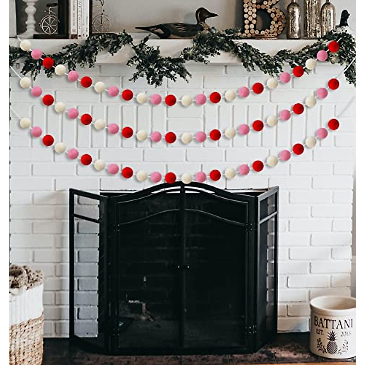 CAVLA 3 Pieces Valentine's Day Felt Ball Garlands Valentines Day Red Pink White Pom Pom Garlands 1 Inch Valentines Pompom Ball Banner for Mother's Day Wedding Engagement Hanging Decorations