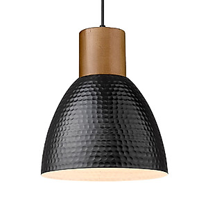 ELYONA Industrial Pendant Light, Hammered Hanging Lamp with Solid Wood & Metal Shade, Modern Pendant Light Fixtures for Kitchen Island, Bar, Farmhouse Dining Room, Bedroom, Living Room - Black