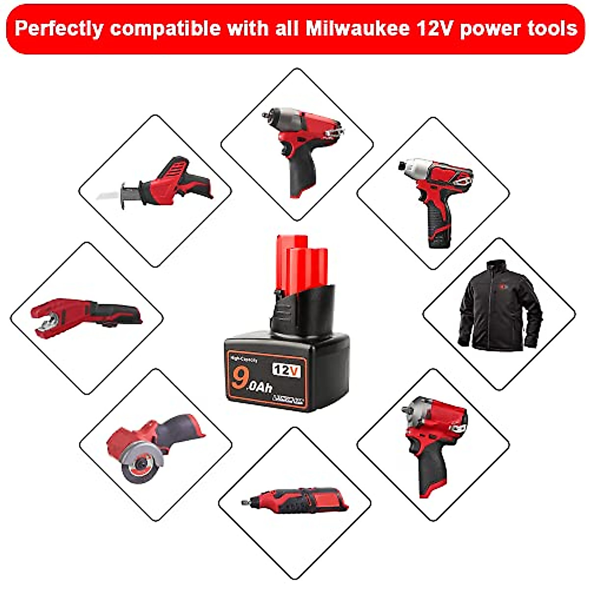 DKSIDKN M12 12V 9.0Ah Lithium-ion Replacement Battery Compatible with Milwaukee XC 48-11-2440 48-11-2402 48-11-2411 12-Volt M12 Cordless Tools