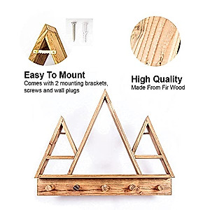 Mountain Shelf with Hooks – Triangle Shelves for Boho Crystal Shelf Display, Essential Oil Holder Organizer, Rustic Wooden Décor for Bedroom, Bathroom, Living Room, Nursery & Entryway