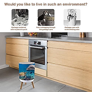 Small Trash Can with Lid Dolphin and Turtle Underwater on Reef 7 Liter Round Garbage Can Elasticity Press Cover Lid Wastebasket for Kitchen Bathroom Office 1.8 Gallon