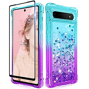 Dzxouui Pixel 6A Case, Glitter Quicksand, Glass Screen Protector, Reinforced TPU Cover - Teal/Purple