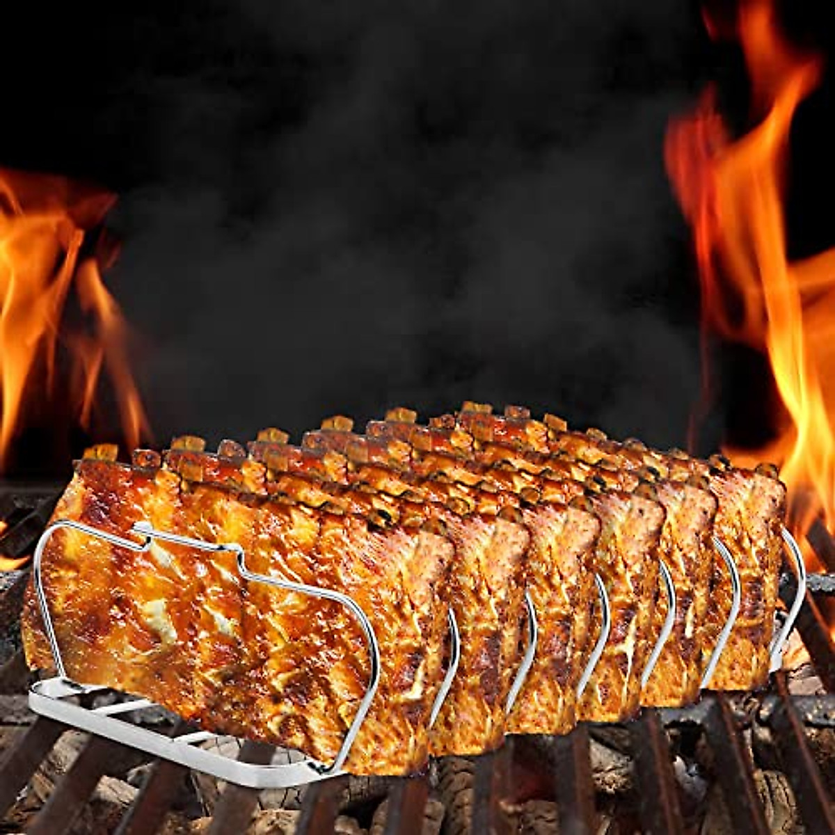 Large Rib Rack for Smoking - 6 Slots Rib Racks for Grilling - Easy to Use and Clean BBQ Rib Rack for Grill - Premium Durable Rib Rack Stainless Steel