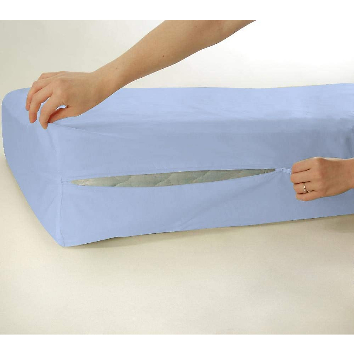 Zipper Fitted Sheet Twin Size 25" Pocket 600 Thread Count 100% Egyptian Cotton Sateen Weave Light Blue