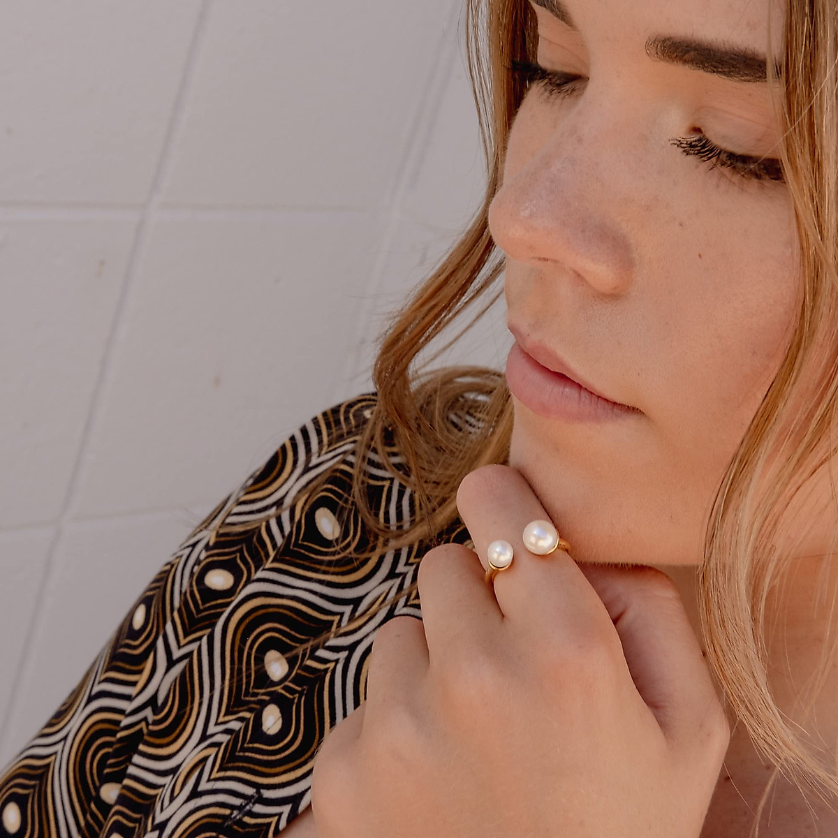 Aurelia Mae 18K Gold Plated Freshwater Cultured Pearl Ring Gold Knuckle Rings Two Pearls Open Midi Ring Open Cuff Wrap Band Size 8