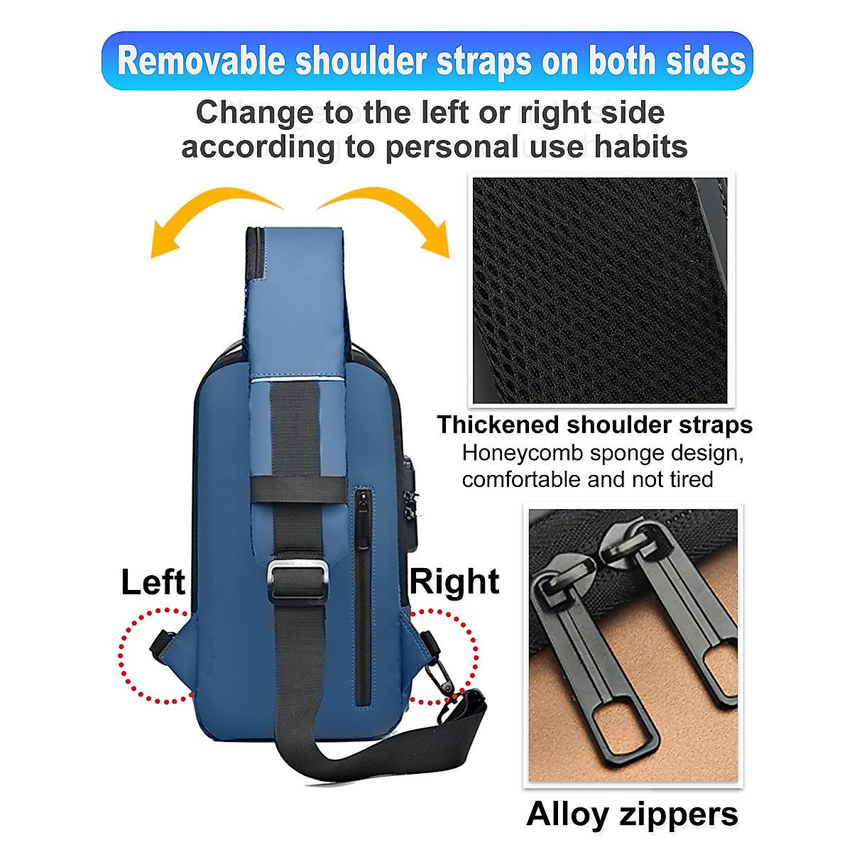 Geanbun Anti-Theft Sling Bag USB Shoulder Bag Crossbody Backpack Waterproof Chest Daypack Lightweight(Blue)