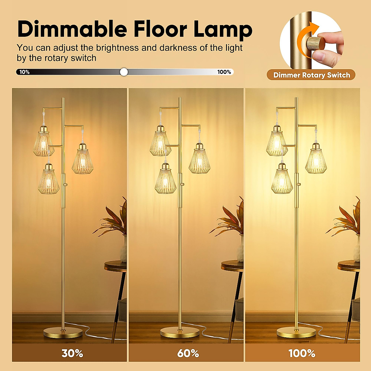 QiMH Industrial Floor Lamp for Living Room,LED Farmhouse Standing Lamp with 3 Birdcage Hanging Shade, Dimmable Tall Lamp Rustic Home Decor for Bedroom Office, Black (Bulbs Included)