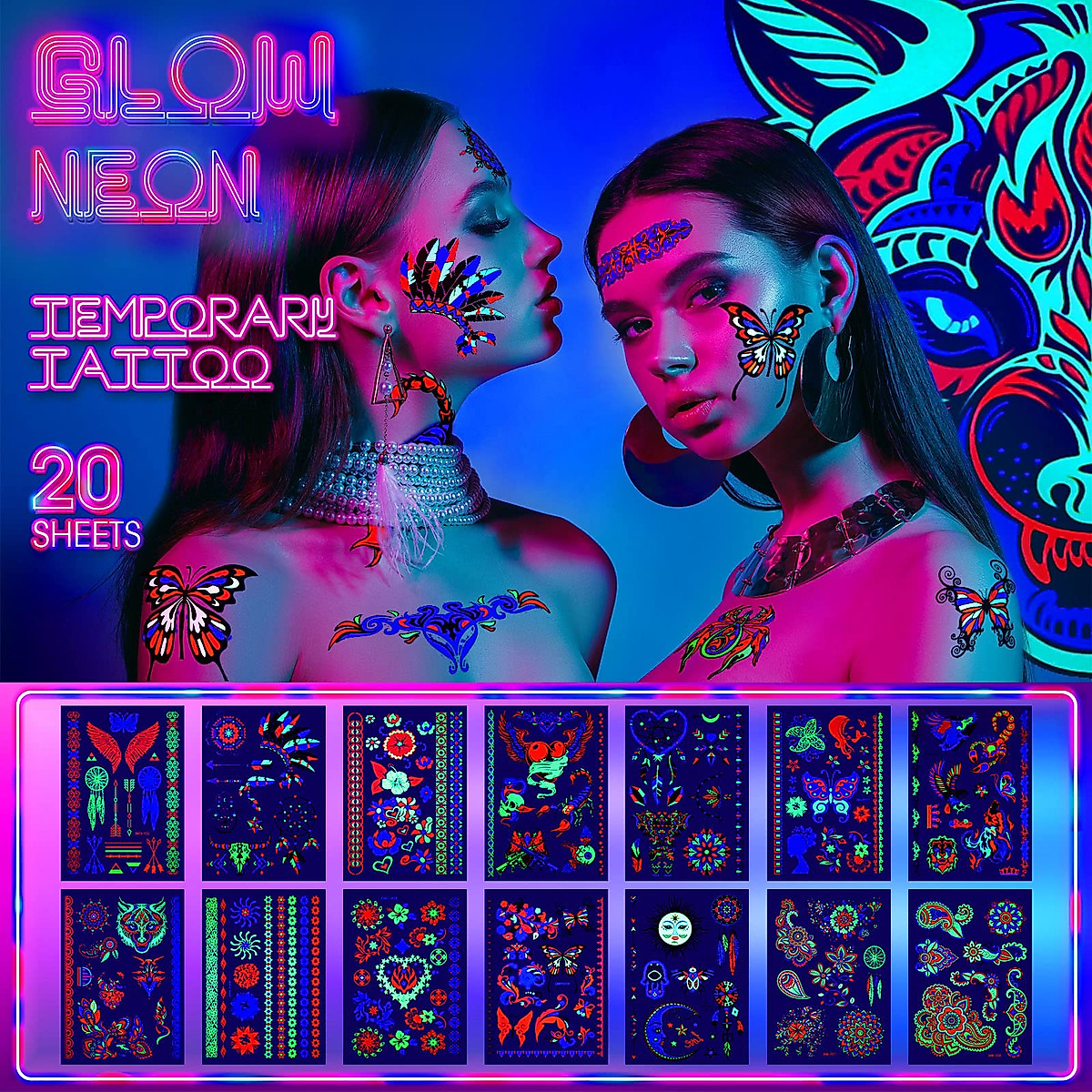 20 Sheets Glow in the Dark Temporary Tattoos UV Neon Tattoo Stickers Fluorescence Rave Festival Accessories for Women Men Face Body Makeup UV Glow Party Supplies