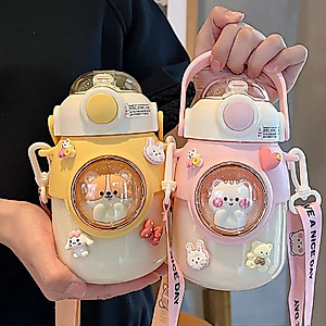 LEJN Kawaii Water Bottle with Adjustable Shoulder Strap Portable Leakproof BPA-free Cartoon Children Cup Capsule Bottle Traveling Hiking (Pink820ml)