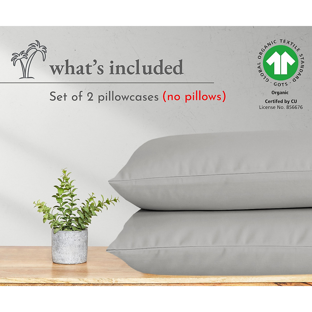 California Design Den 100% Organic Cotton Pillow Cases Standard Size/Queen Size Set of 2, Authentic GOTS Certified, Soft & Cooling, Percale Weave Cotton Pillowcases (Light Grey)