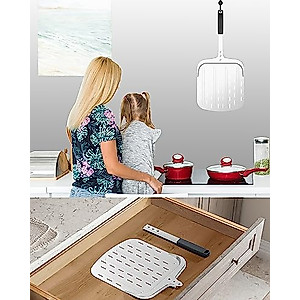 Perforated Pizza Peel 12-inch, Hard Anodized Aluminum Metal Pizza Spatula Paddle (12'' x 13.7''), Pizza Turning Peel, with Long and Heat Resistant Silicone Handle, Pizza Oven Accessories