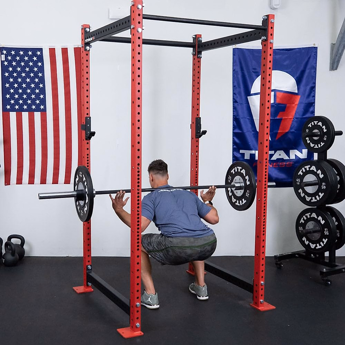 Titan Fitness T-3 Series Red Short Power Rack, 24in Depth, 1,100 LB Capacity Cage for Weightlifting and Strength Training