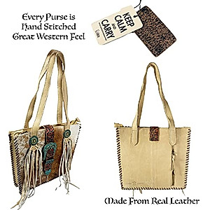 Urbalabs Western Cowhair Concealed Carry Shoulder Bag Buckle Fringe Purse Genuine Leather Handmade Stitched Handbag (Light Brown)