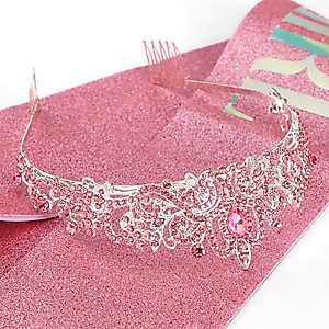 GINZU Pink Headbands Birthday Tiaras for Girls, Birthday Crown Sash Happy Birthday Girl Tiara Princess Birthday Party Decorations Gifts