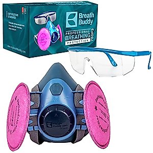 Breath Buddy Respirator Mask (Plus Safety Glasses) Reusable Professional Breathing Protection Against Dust, Lead Paint (750P3)