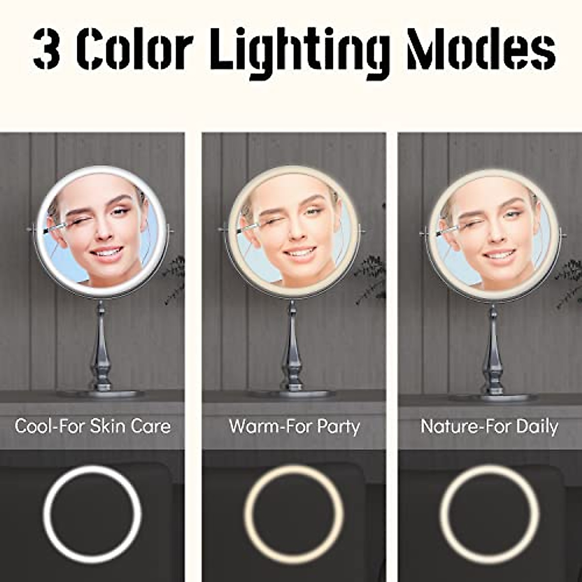 WIZCHARK 9" Large Lighted Makeup Mirror, 1X/10X Magnifying Vanity Mirror with 3 Colors Dimmable Lightning, 60 LED Lights, 360°Rotation Double Sided Standing Desk Mirror