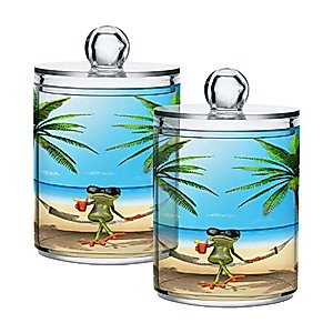 DOMIKING 4 Pack Acrylic Organizer for Floss Makeup Sponges Cotton Ball Green Frog Clear Plastic Vanity Canister Cotton Ball Holder Dispenser Bathroom Storage Essentials