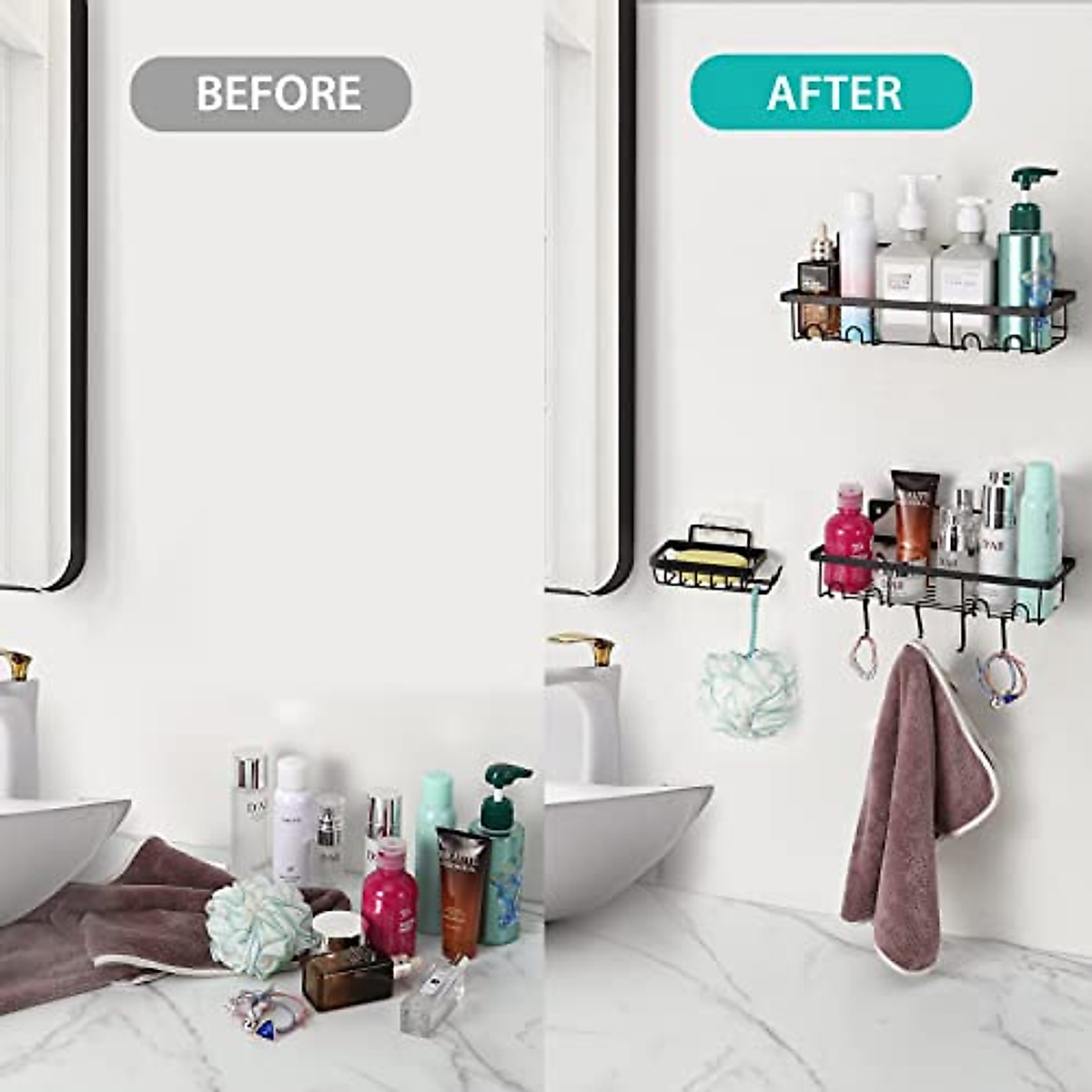 Adhesive Shower Caddy, 2 Pack Shower Shelves with Soap Holder, No Drilling Rustproof Stainless Steel Black Shower Organizer, Bathroom Shower Shelf for Inside Shower & Kitchen Storage, Black