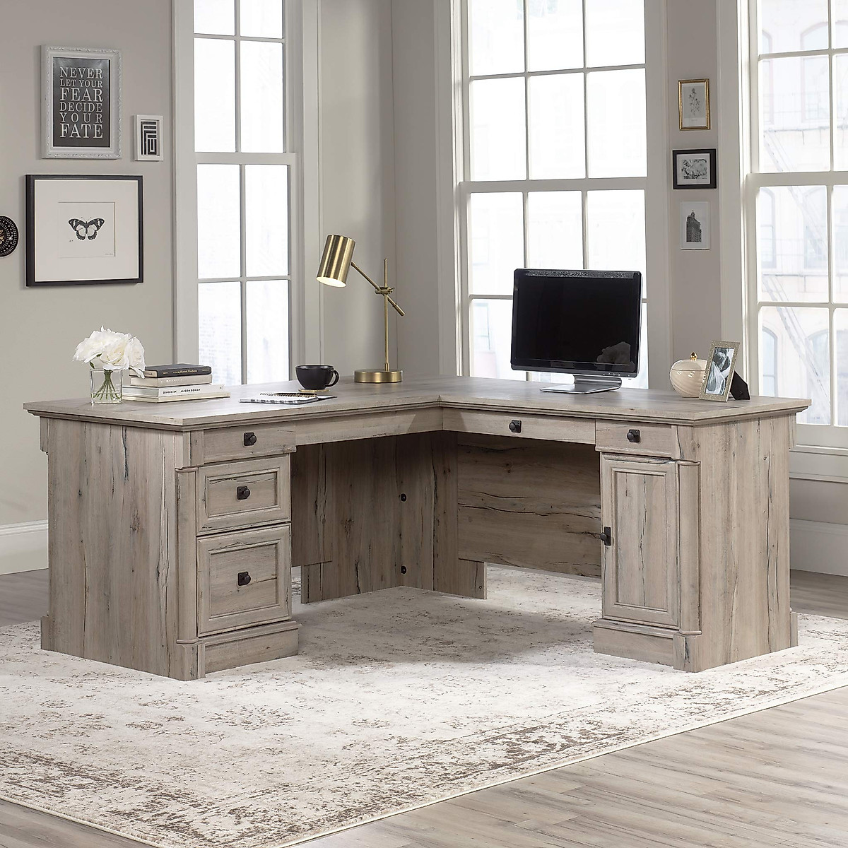 Sauder Palladia L-Shaped Desk, L: 68.74" x W: 65.12" x H: 29.61", Split Oak finish