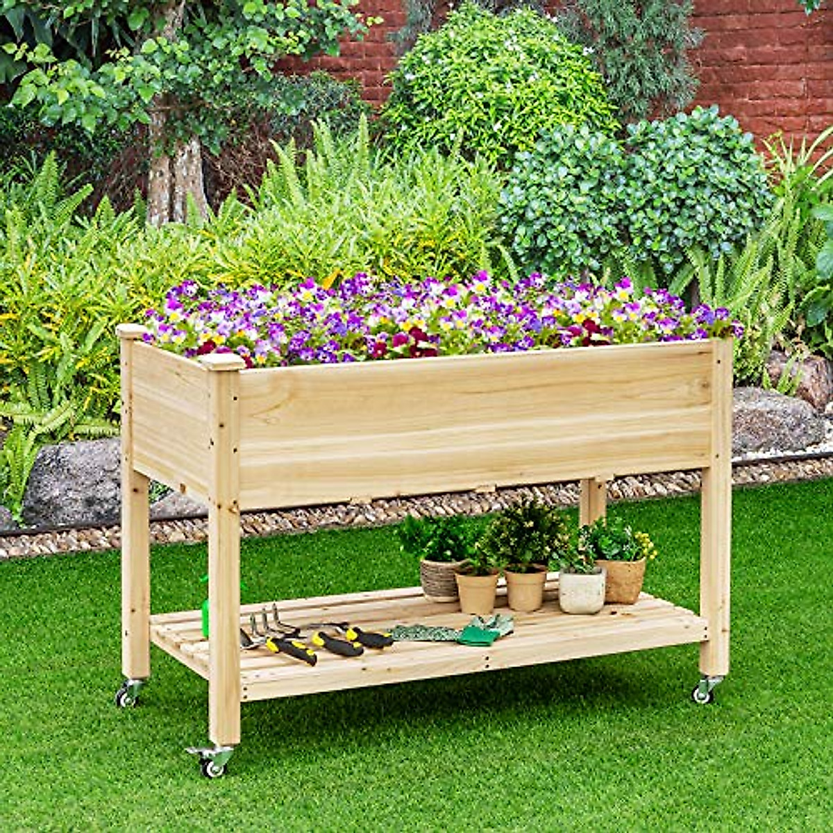 Giantex Raised Garden Bed on Wheels, Wood Planter Box with Legs, Liner, Drain Holes, Elevated Garden Bed for Vegetables, Standing Garden Container for Backyard, Patio, 47.5" LX 23.5" WX 33" H