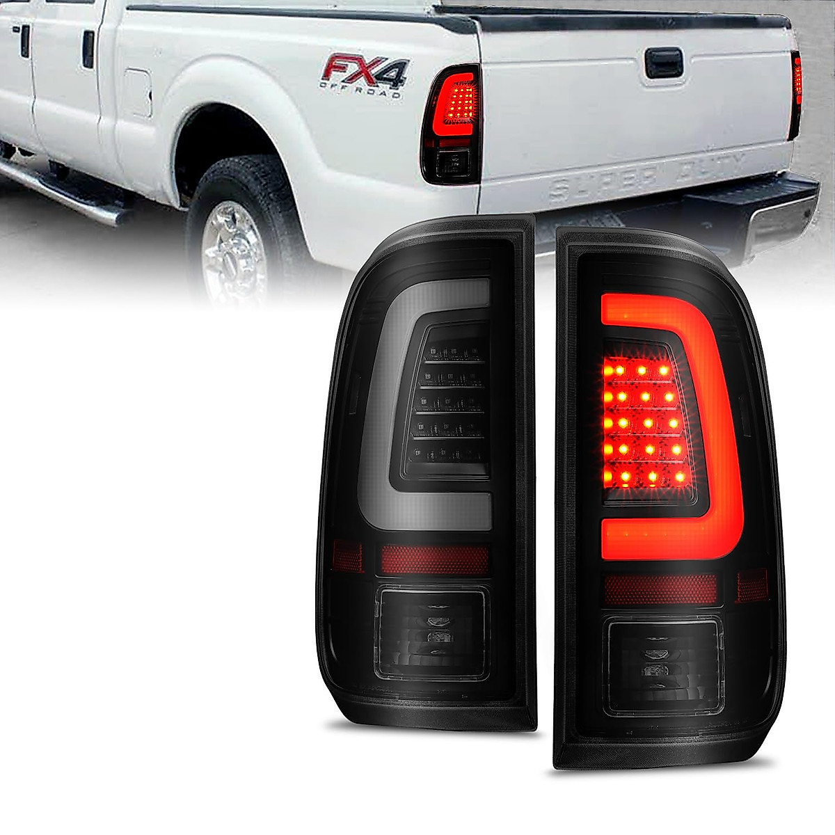 AmeriLite for 2008-2016 Ford F250 F350 F450 SD Pickup Truck Dark Black C-Type LED Tube Replacement Tail Lights w/Reverse Bulb - Passenger and Driver Side