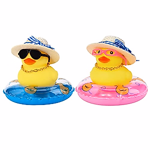 wonuu Car Rubber Duck 2Pcs Duck Car Decoration Dashboard Car Ornament for Car Dashboard Decoration Accessories with Mini Swim Ring Sun Hat Necklace Sunglasses